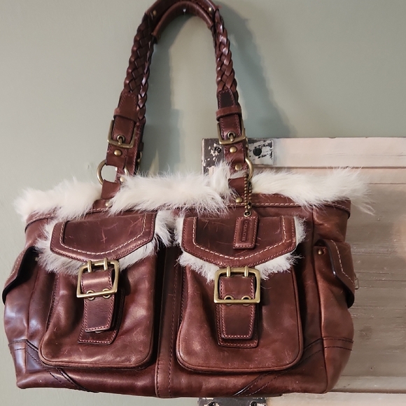 Coach | Bags | Coach Brown Leather Shoulder Bag With Faux Fur | Poshmark